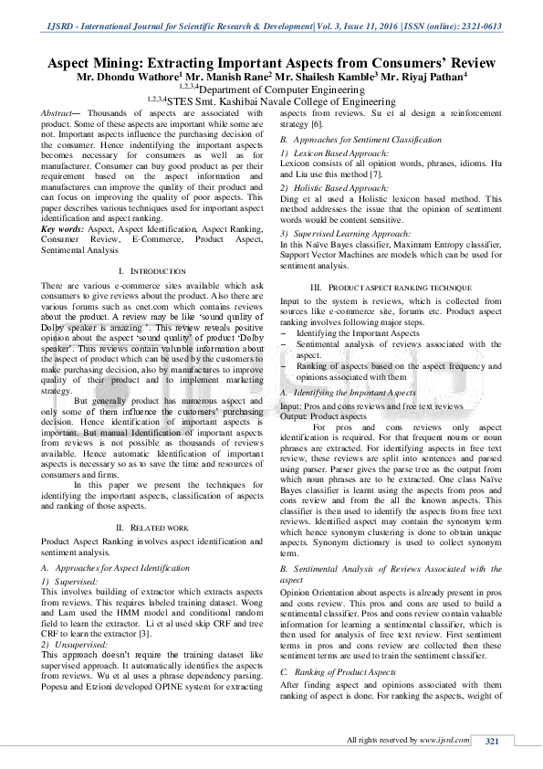 Pdf Aspect Mining Extracting Important Aspects From Consumers Review