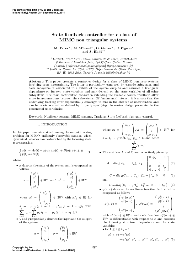 Pdf State Feedback Controller For A Class Of Mimo Non Triangular Systems