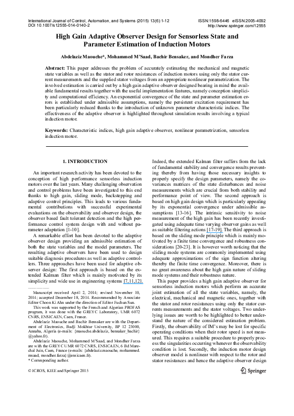 Pdf High Gain Adaptive Observer Design For Sensorless State And Parameter Estimation Of