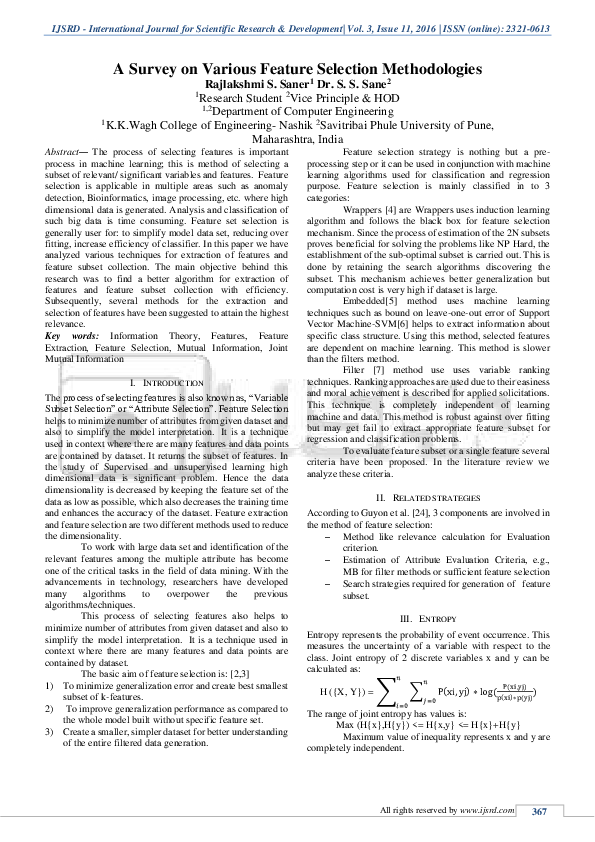 Pdf A Survey On Various Feature Selection Methodologies