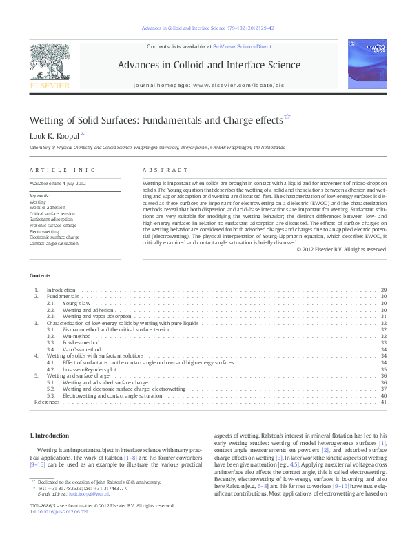 (PDF) Wetting of Solid Surfaces: Fundamentals and Charge effects