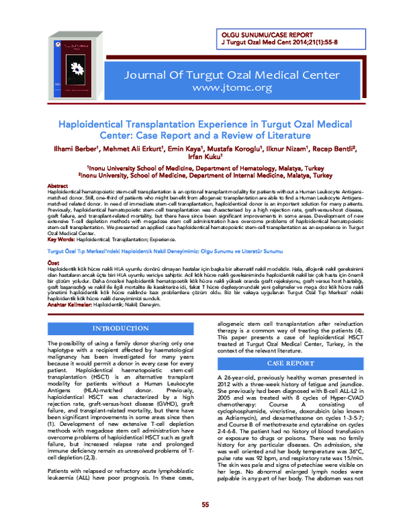 (PDF) Haploidentical Transplantation Experience in Turgut Ozal Medical Center: Case Report and a ...