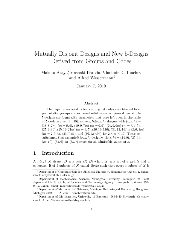 (PDF) Mutually disjoint designs and new 5-designs derived from groups ...
