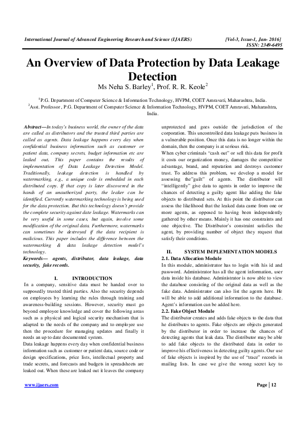 An Overview of Data Protection by Data Leakage Detection