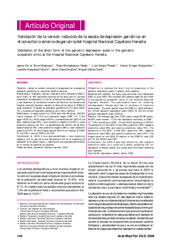 (PDF) Validation of the short form of the geriatric depression scale in ...
