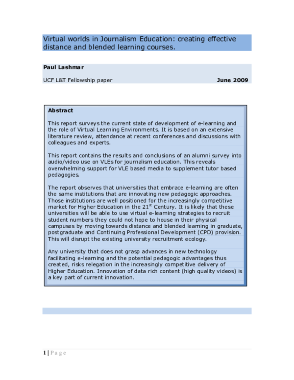 (PDF) Virtual worlds in Journalism Education: creating effective ...