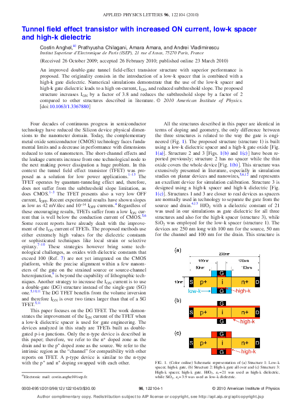 (PDF) Tunnel field effect transistor with increased ON current, low-k spacer and high-k dielectric