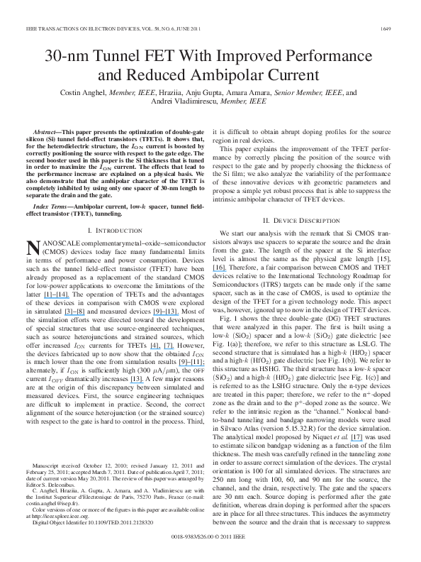 (PDF) 30-nm Tunnel FET With Improved Performance and Reduced Ambipolar Current
