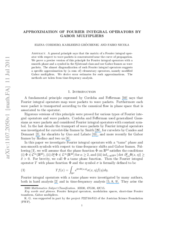 (PDF) Approximation of Fourier Integral Operators by Gabor Multipliers