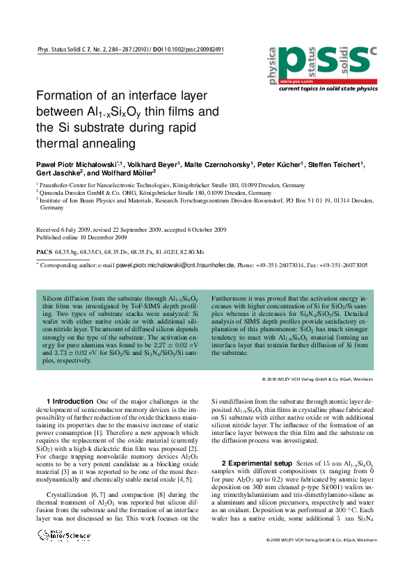 (PDF) Formation of an interface layer between Al 1-x Si x O y thin ...