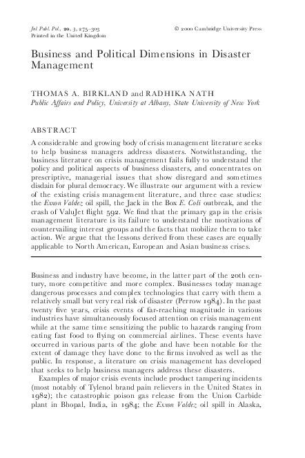 (PDF) Business and Political Dimensions in Disaster Management