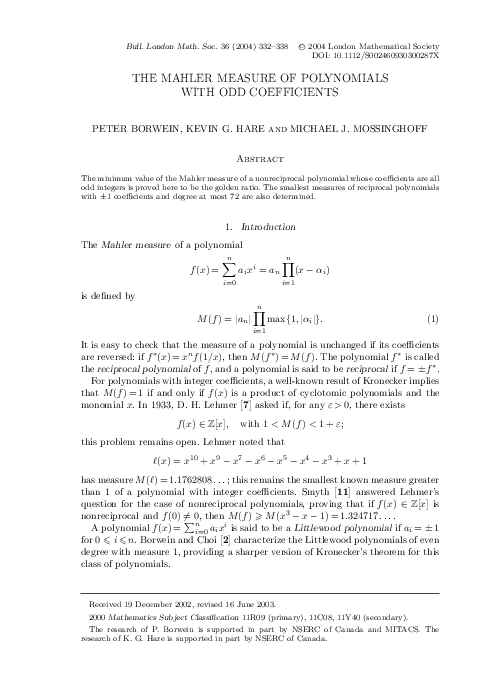 (PDF) THE MAHLER MEASURE OF POLYNOMIALS WITH ODD COEFFICIENTS