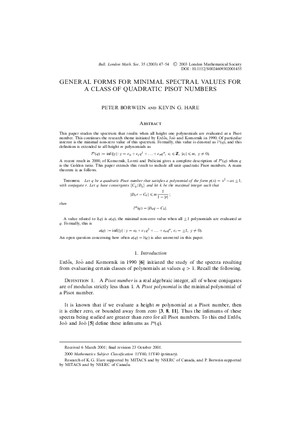 (PDF) General Forms for Minimal Spectral Values For a Class of ...