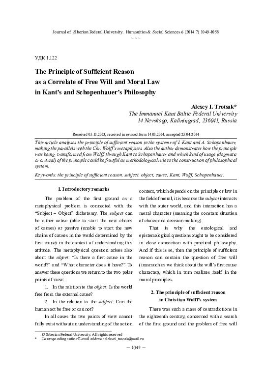 (PDF) The Principle of Sufficient Reason as a Correlate of Free Will ...