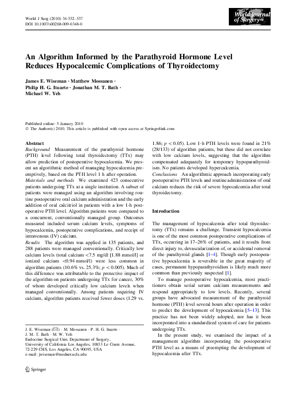 (PDF) An Algorithm Informed by the Parathyroid Hormone Level Reduces ...