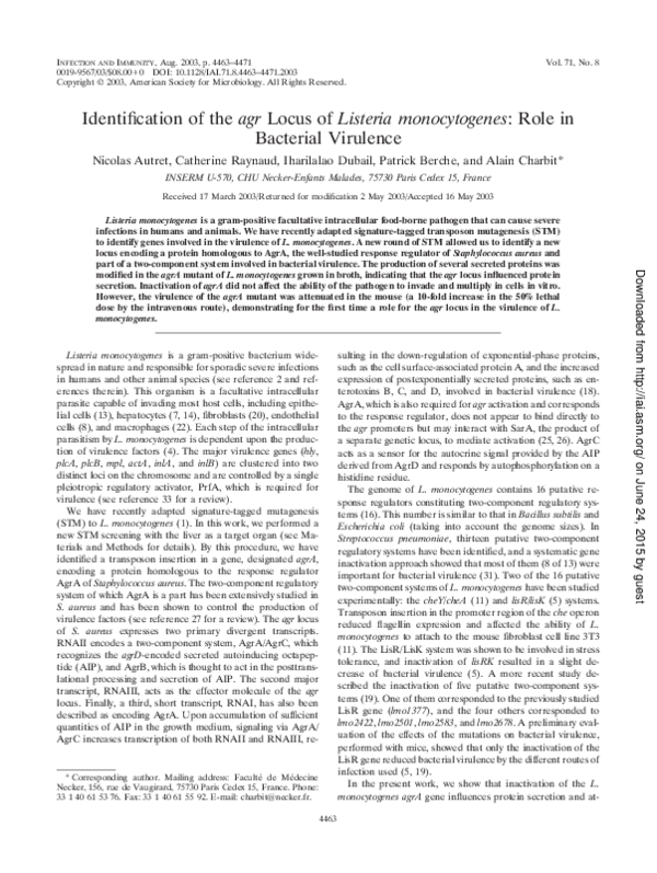 (PDF) Identification of the agr Locus of Listeria monocytogenes: Role ...