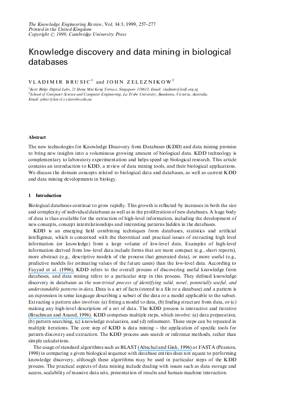 (PDF) Knowledge discovery and data mining in biological databases