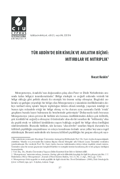 (PDF) TÛR ABDIN'DE BIR KIMLIK VE ANLATIM BIÇIMI: MITIRBLAR VE MITRIPLIK 1