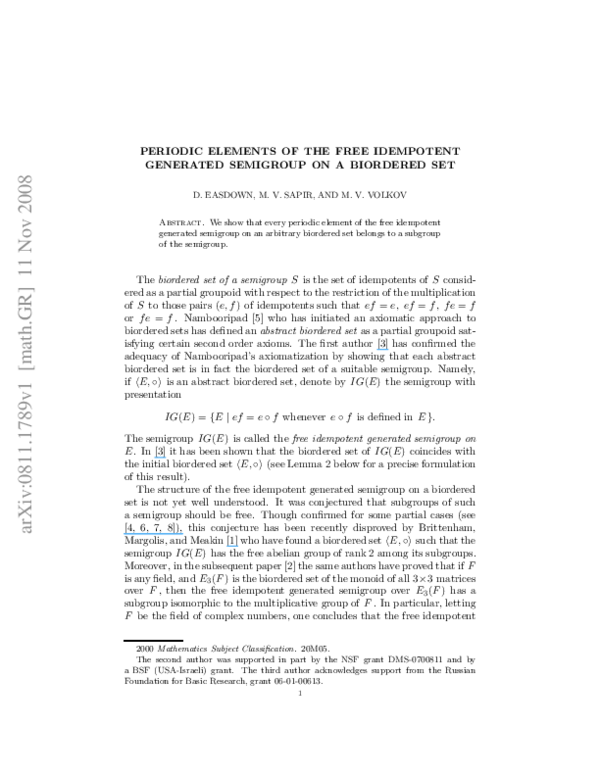 (PDF) PERIODIC ELEMENTS OF THE FREE IDEMPOTENT GENERATED SEMIGROUP ON A BIORDERED SET