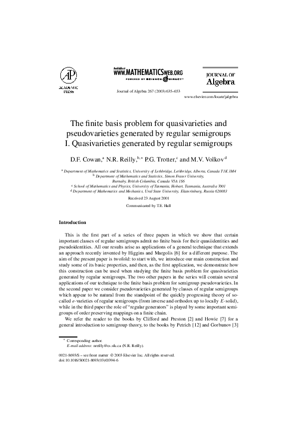 (PDF) The finite basis problem for quasivarieties and pseudovarieties generated by regular ...