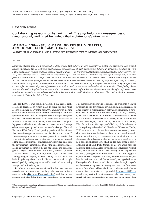 (PDF) Confabulating reasons for behaving bad: The psychological ...