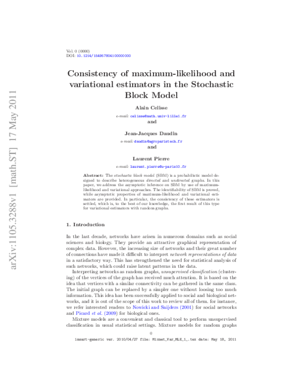 Pdf Consistency Of Maximum Likelihood And Variational Estimators In The Stochastic Block Model