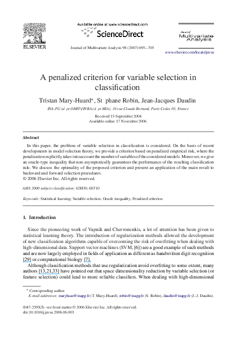 Pdf A Penalized Criterion For Variable Selection In Classification Jean Jacques Daudin