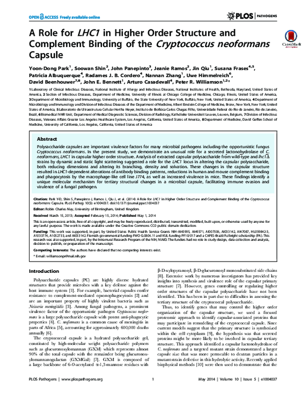 (PDF) A Role for LHC1 in Higher Order Structure and Complement Binding of the Cryptococcus ...