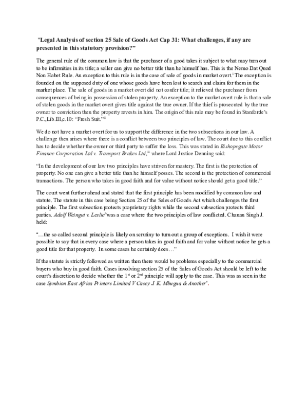 (DOC) "Legal Analysis of section 25 Sale of Goods Act Cap 31: What