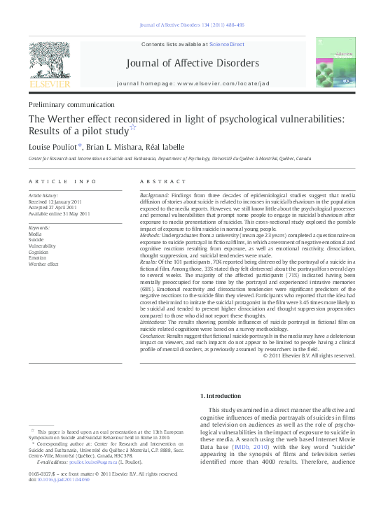 (PDF) The Werther effect reconsidered in light of psychological ...