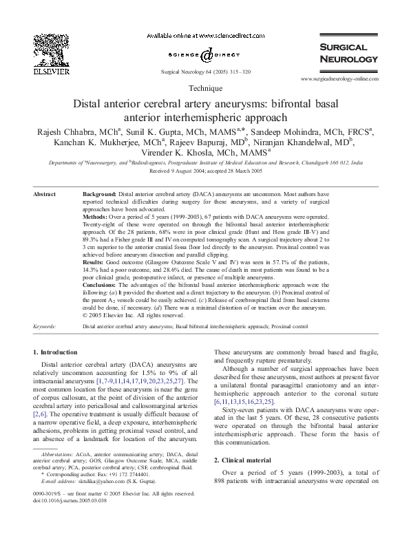 (PDF) Distal anterior cerebral artery aneurysms: bifrontal basal ...