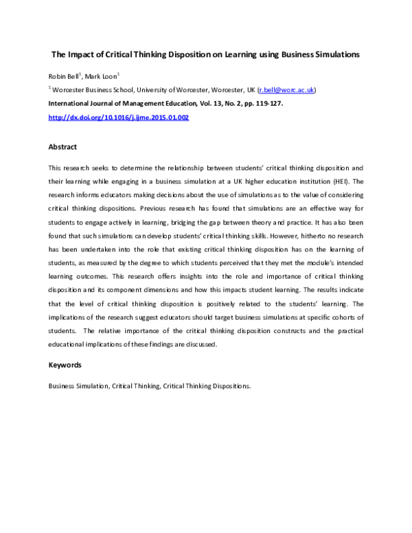 (PDF) The Impact of Critical Thinking Disposition on Learning using Business Simulations