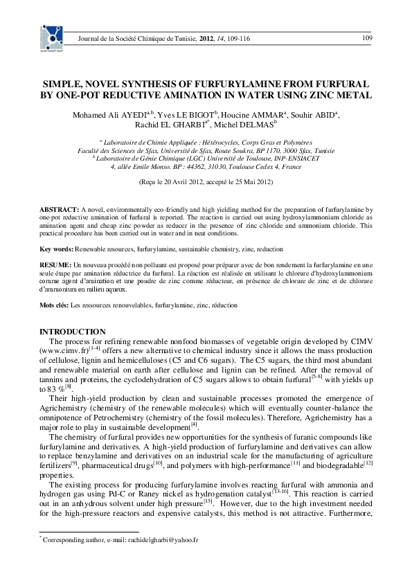 (PDF) SIMPLE, NOVEL SYNTHESIS OF FURFURYLAMINE FROM FURFURAL BY ONE-POT ...