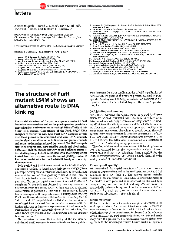 (PDF) The structure of PurR mutant L54M shows an alternative route to ...