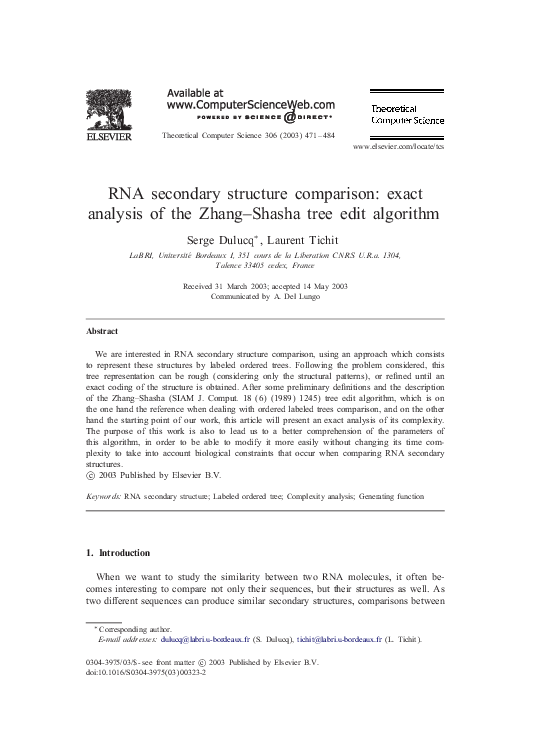 (PDF) RNA secondary structure comparison: exact analysis of the Zhang ...