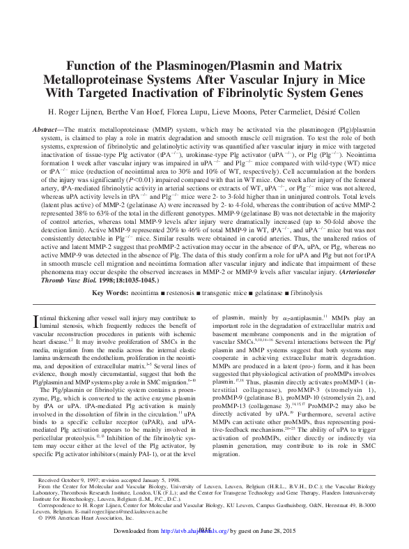 (PDF) Function of the Plasminogen/Plasmin and Matrix Metalloproteinase ...