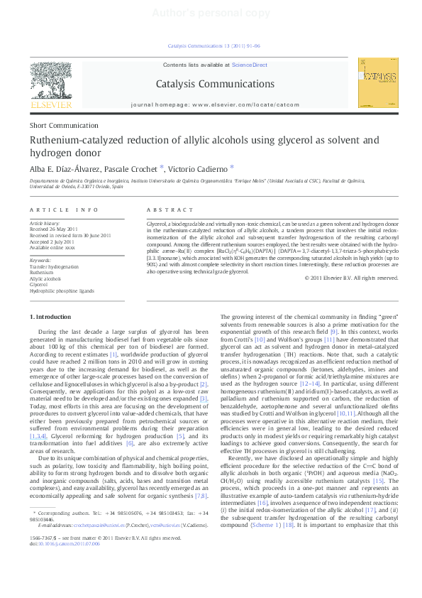 (PDF) Ruthenium-catalyzed reduction of allylic alcohols using glycerol ...