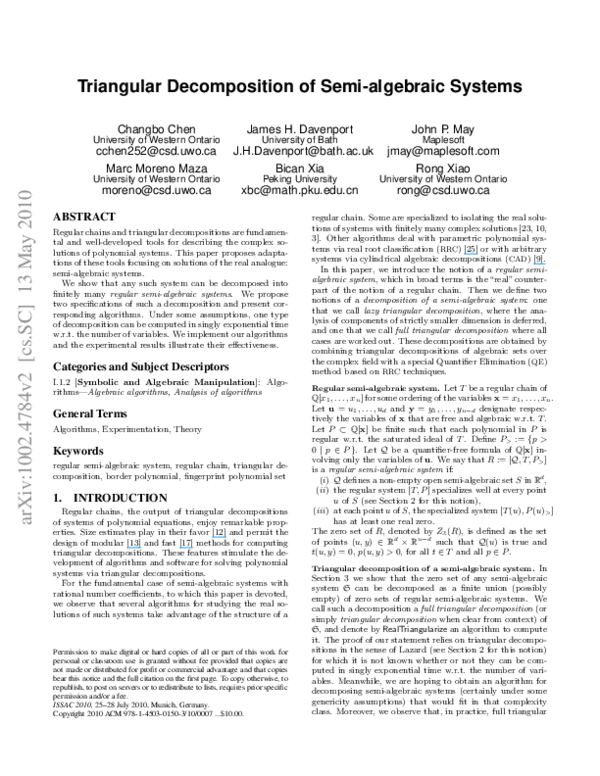 Pdf Triangular Decomposition Of Semi Algebraic Systems