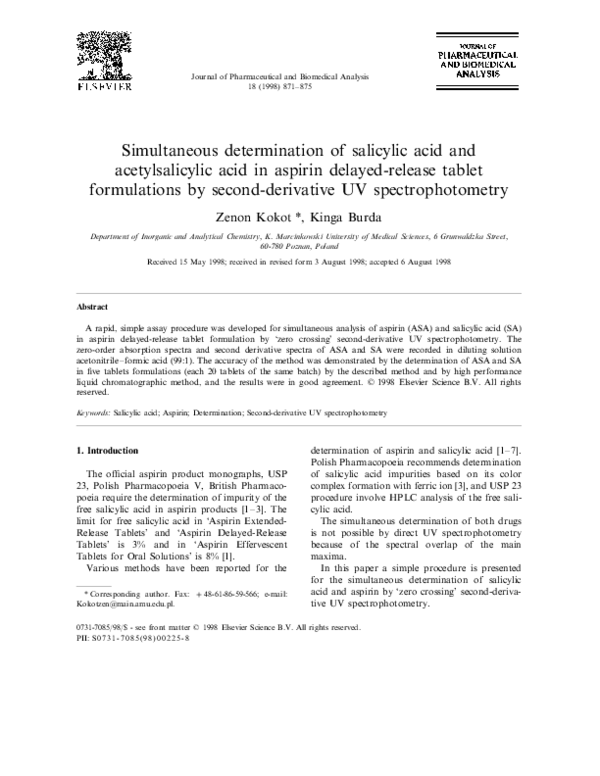 (PDF) Simultaneous determination of salicylic acid and acetylsalicylic acid in aspirin delayed ...