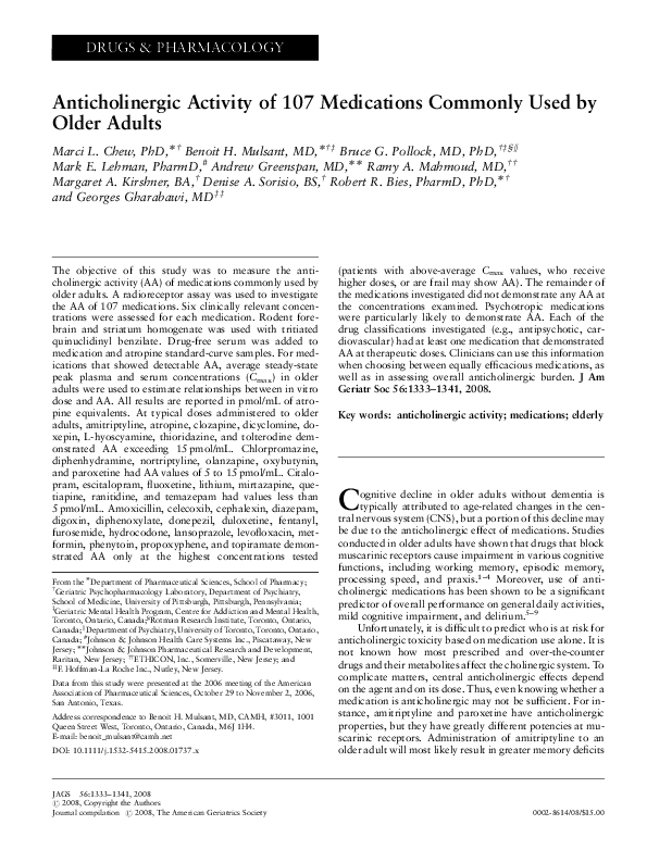 (PDF) Anticholinergic Activity of 107 Medications Commonly Used by ...