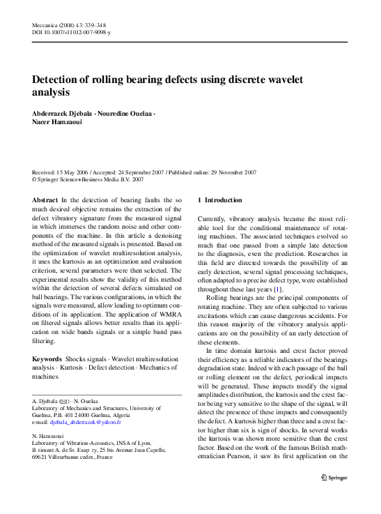 (PDF) Detection of rolling bearing defects using discrete wavelet analysis