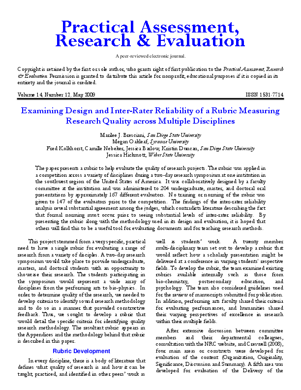 (PDF) Examining design and inter-rater reliability of a rubric ...