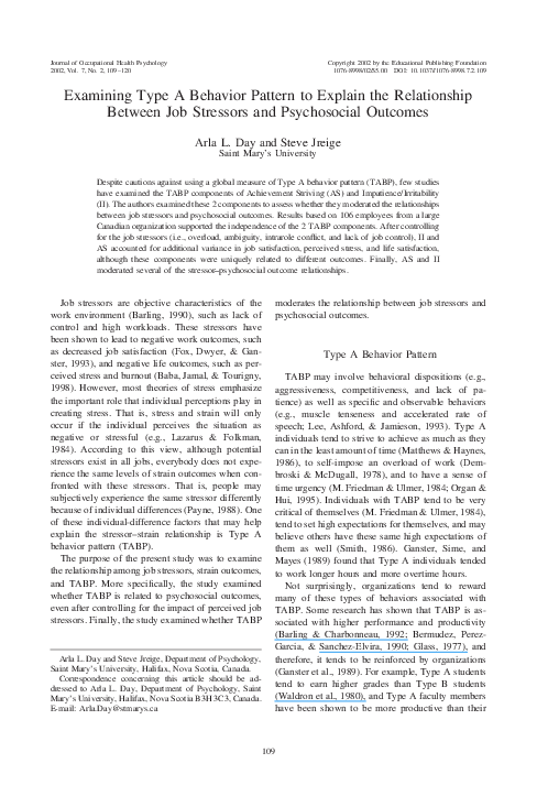 (PDF) Examining Type A behavior pattern to explain the relationship ...