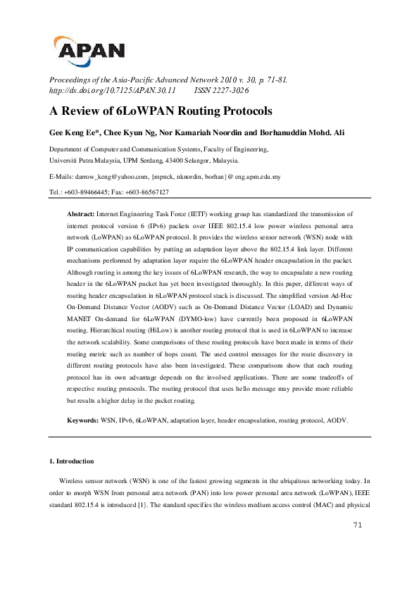 (PDF) A Review of 6LoWPAN Routing Protocols