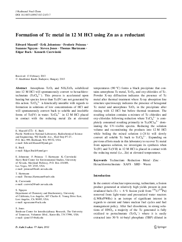 (PDF) Formation of Tc metal in 12 M HCl using Zn as a reductant