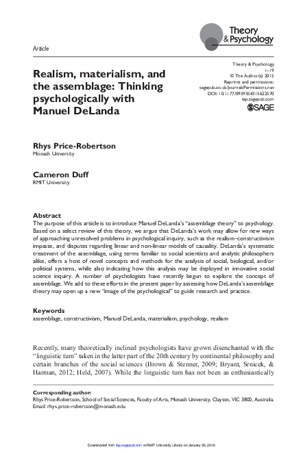 (PDF) Realism, materialism, and the assemblage: Thinking psychologically with Manuel DeLanda