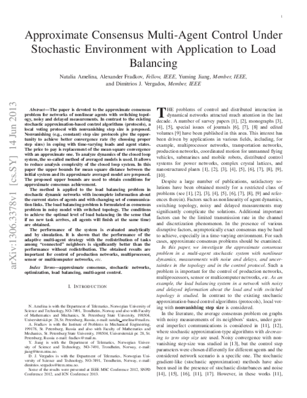 Pdf Approximate Consensus Multi Agent Control Under Stochastic Environment With Application To