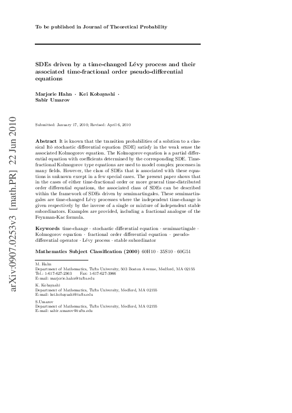 (PDF) SDEs driven by a time-changed Levy process and their associated time-fractional order ...