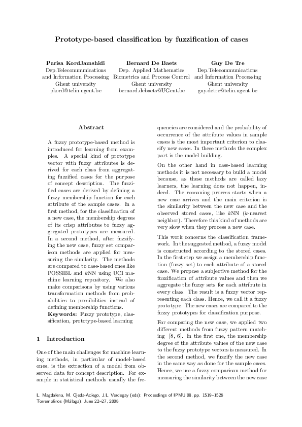 Pdf Prototype Based Classification By Fuzzification Of Cases