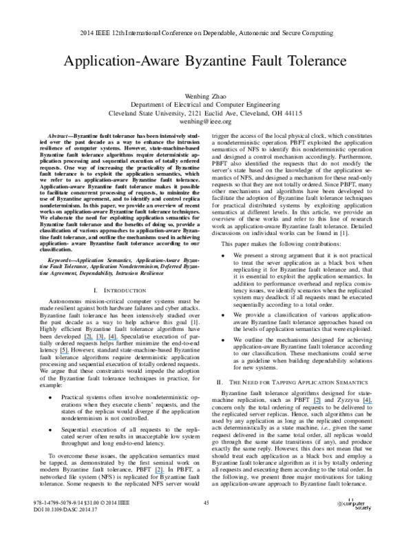 Pdf Application Aware Byzantine Fault Tolerance Wenbing Zhao